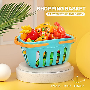 HOLYFUN 100 PCS Cutting Play Food Toy for Kids Kitchen, Pretend Fruit & Vegetables Accessories with Shopping Basket, Plastic Mini Dishes, Play Money, Perfect Educational Toy for Toddlers Boys & Girls