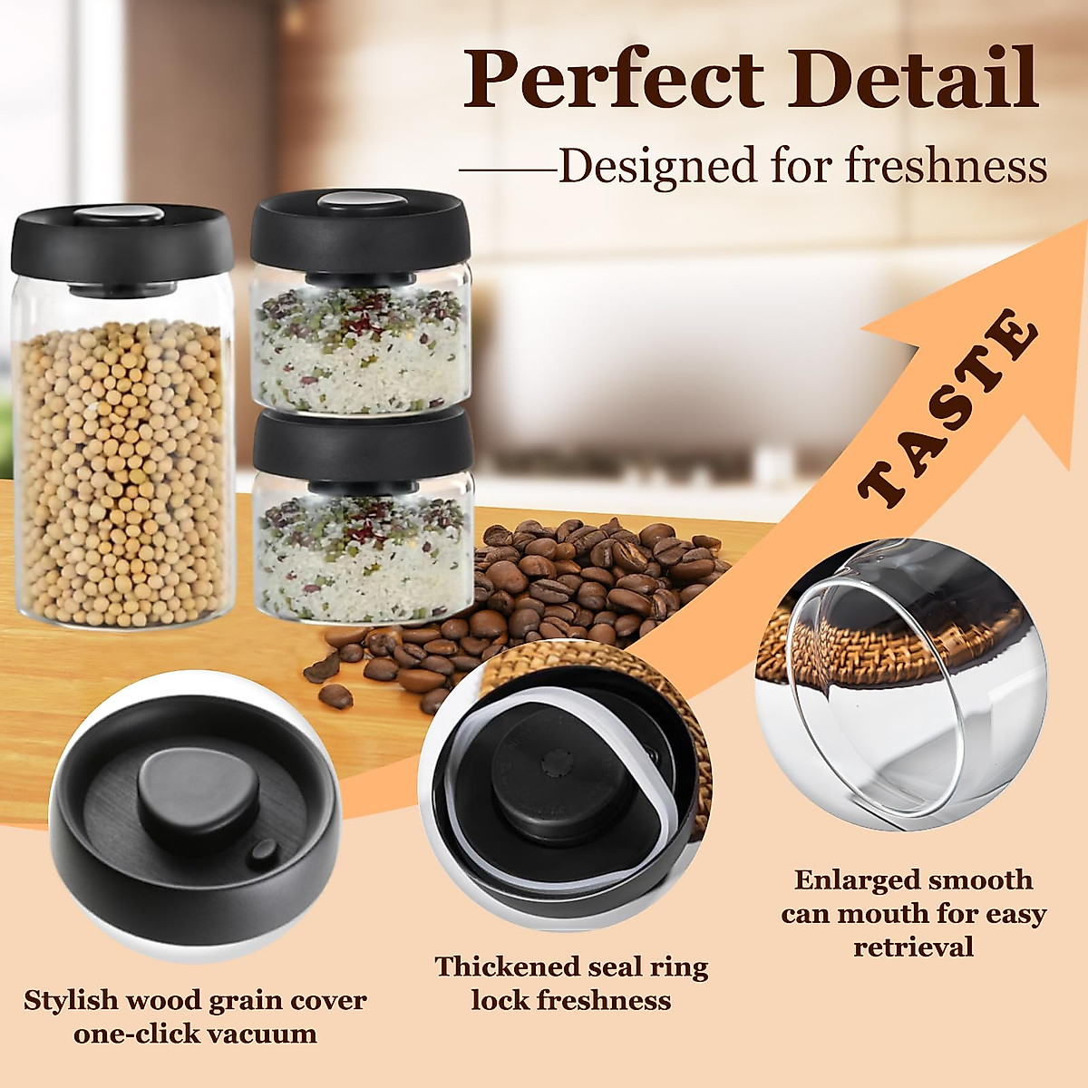HelpyLife Vacuum Coffee Canister,Airtight Glass Jars Set for Kitchen Pantry,Coffee Bean Storage Container,Perfect for Ground Coffee,Loose Tea,Sugar(13floz×2+40floz×1)
