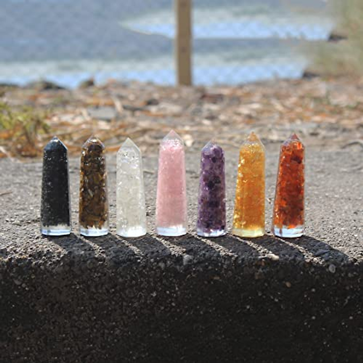 Orgone Healing Point Wands Set of 7 Includes 3.5” Amethyst Crystal, Rose Quartz, Black Tourmaline, Tigers Eye, Citrine, Carnelian, and Clear Quartz-big crystals for Spiritual Meditation and Protection