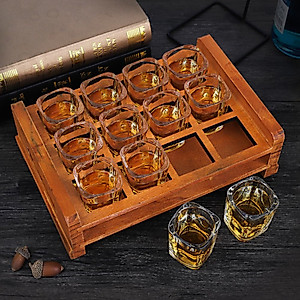 BARGIFTS 12pc Shot Glass Set,Party Server Shot Glasses Set with Rustic Rufous Wood Serving Tray,Crystal Shot Glass for Whiskey, Party & Collection