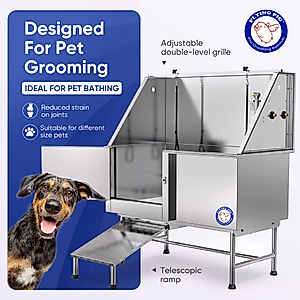 Flying Pig 50" Stainless Steel Pet Dog Grooming Bath Tub with Walk-in Ramp & Accessories (Left Door/Right Drain)