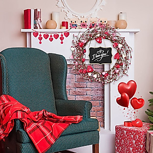 Mothers Day Decorations - 18'' Front Door Wreath, Heart Shaped Wreath Red Pip Berry Rustic Twig Wooden Sign Anniversary Wedding Home Office Wall Decorations (Red)