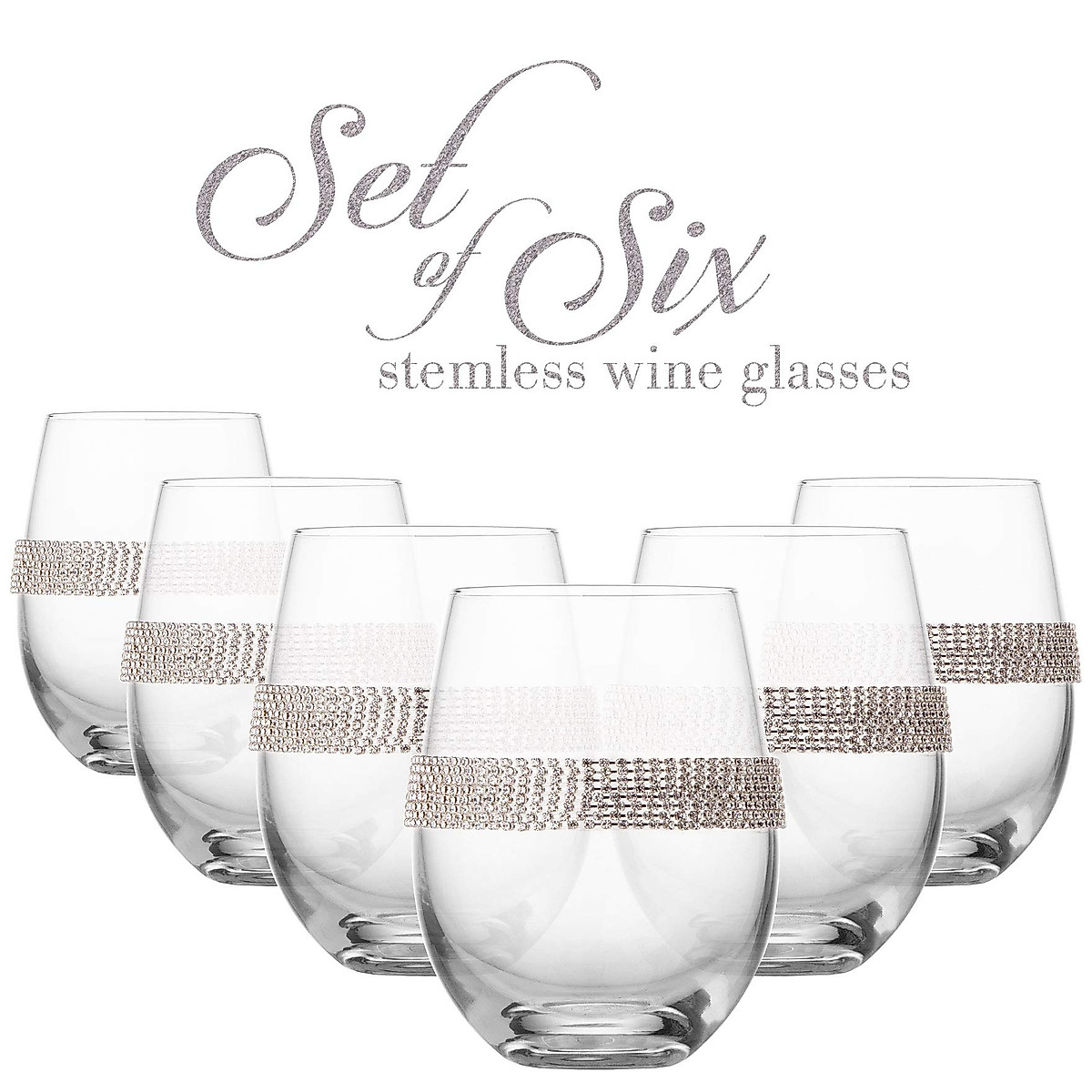 Cheer Collection Berkware Set of 6 Luxurious Stemless Wine Glasses with Sparkling Diamond Studded Design (Silver)