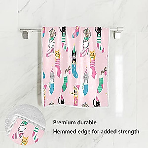 KOCOART Christmas Cute Cats in Socks Bath Hand Towels Pink New Year Kitchen Dish Towels Soft Quality Premium Washcloths Guest Fingertip Towel Decor for Bathroom Spa Gym Sport 16x30 in