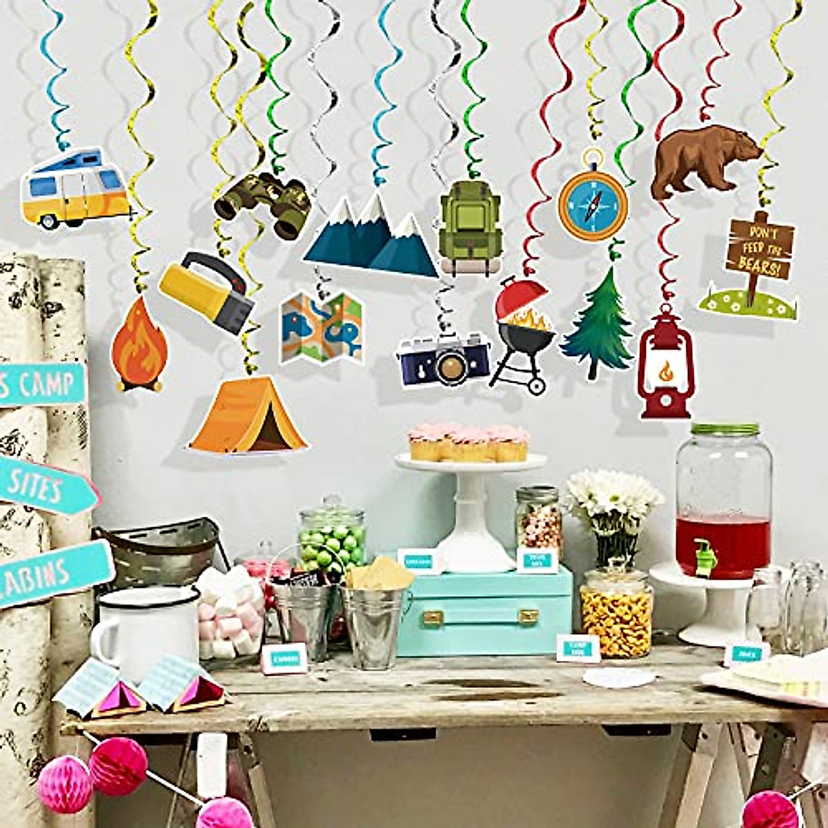 Camping Hanging Swirl Party Decorations 30 Pack Foil Ceiling Hanging Streams Party Supplies Banner Decor for Kids Camping Adventure Bear Birthday Celebrating Party Events Baby Shower Room Wall Decor