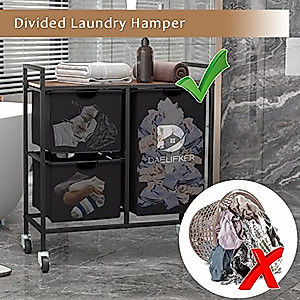 DAELIFKER Laundry Basket, Laundry Hamper 3 Section with Wheels, One Shelf, Metal Frame and Removable Laundry Sorter Bags, Clothes Hampers for Laundry Room (Black, 85 L)