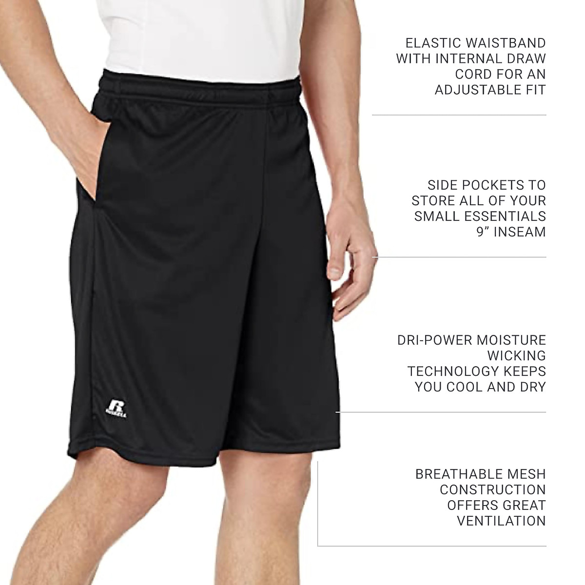 Russell Athletic Men's Dri-Power Performance Short with Pockets Shorts, Black, XL