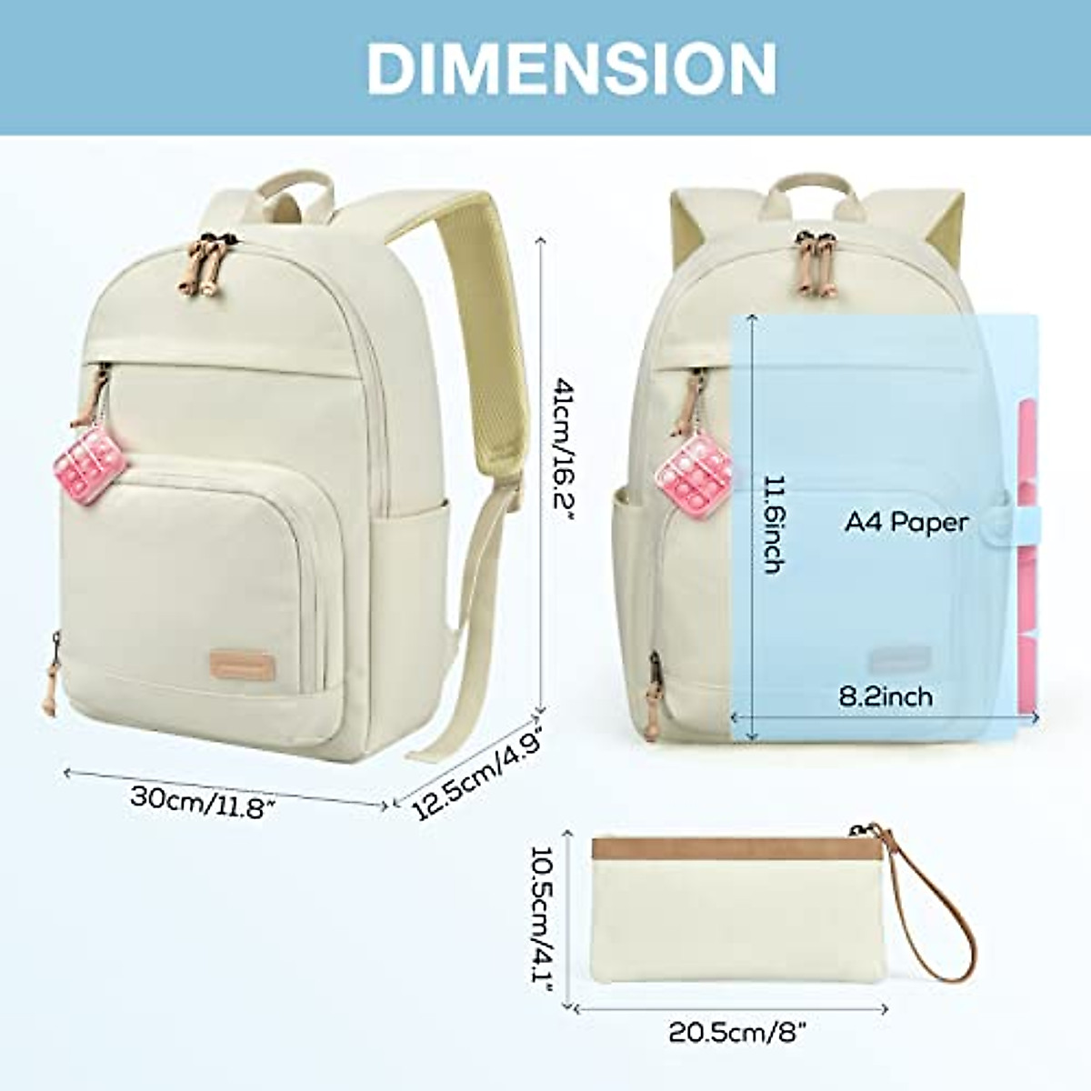 mommore School Backpack for Boys Girls 6-8 Years Old Lightweight Kids Bookbags Casual Daypack with Luggage Strap, Beige