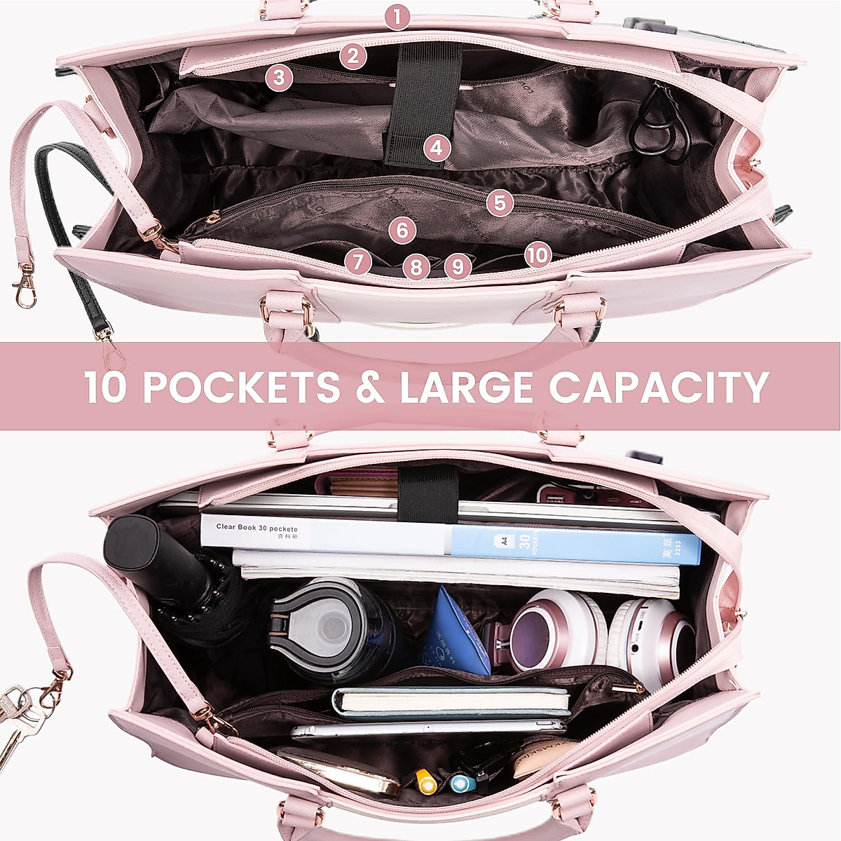 LOVEVOOK Laptop Bag for Women, Large Computer Tote Bag Handbag Shoulder Bag With Clutch Purse, Business Work Briefcase Travel Bag, 2 PCs 15.6-inch, Pink-White
