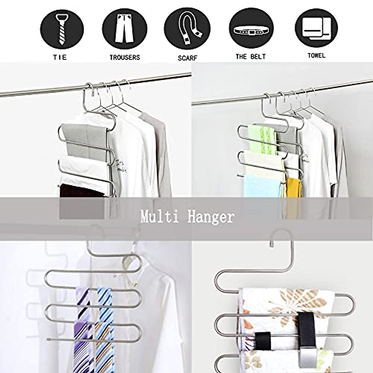 Pants Hangers，5 Layers S-Type Stainless Steel Clothes Pants Hangers, Non Slip Space Saving for Pants Jeans Towels Scarf Tie(3-Pack)
