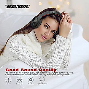 Besom On-Ear Headphones with Microphone Lightweight Folding Stereo Headset Tangle Free Cord, Wired Headphones for Cellphones Smartphone Tablet Laptop Computer MP3/4 (Red)