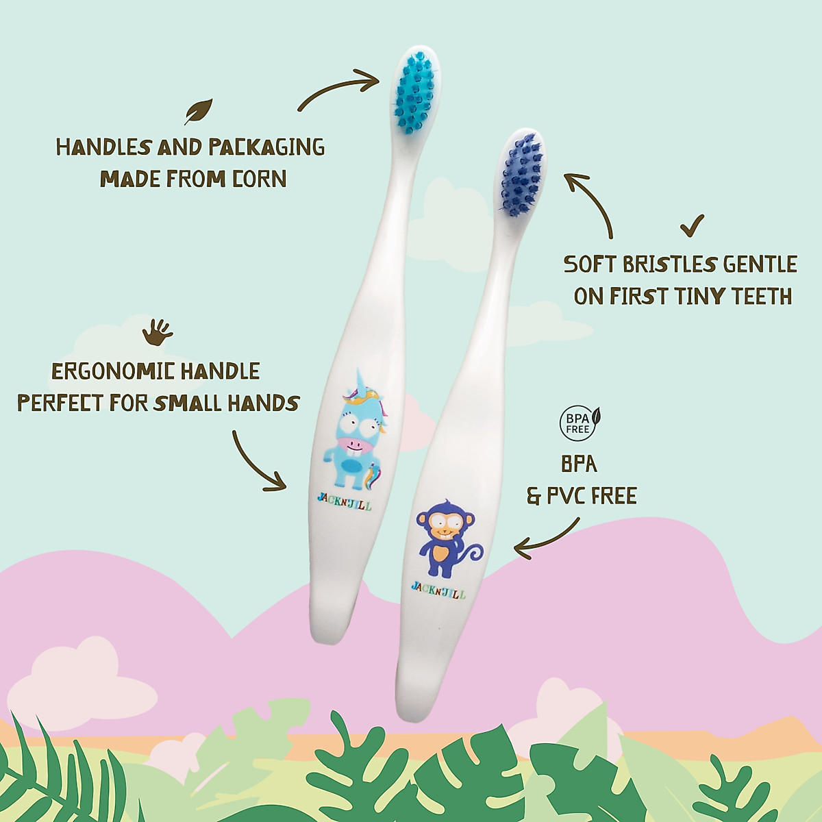 Jack N' Jill Kids Toothbrush - Extra Soft Bristle Toothbrush for Kids, Handle & Packaging Made from Plants (Corn), Ergonomic Handle for Little Hands - Dino Baby, Toddler, & Kids Toothbrush (2 Pack)