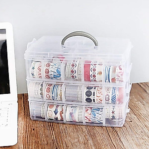 Washi Tape Holder, Washi Tape Box Organizer Craft Storage - 3 Layer Large Divider Closet Container, with 30 Adjustable Compartments, Clear
