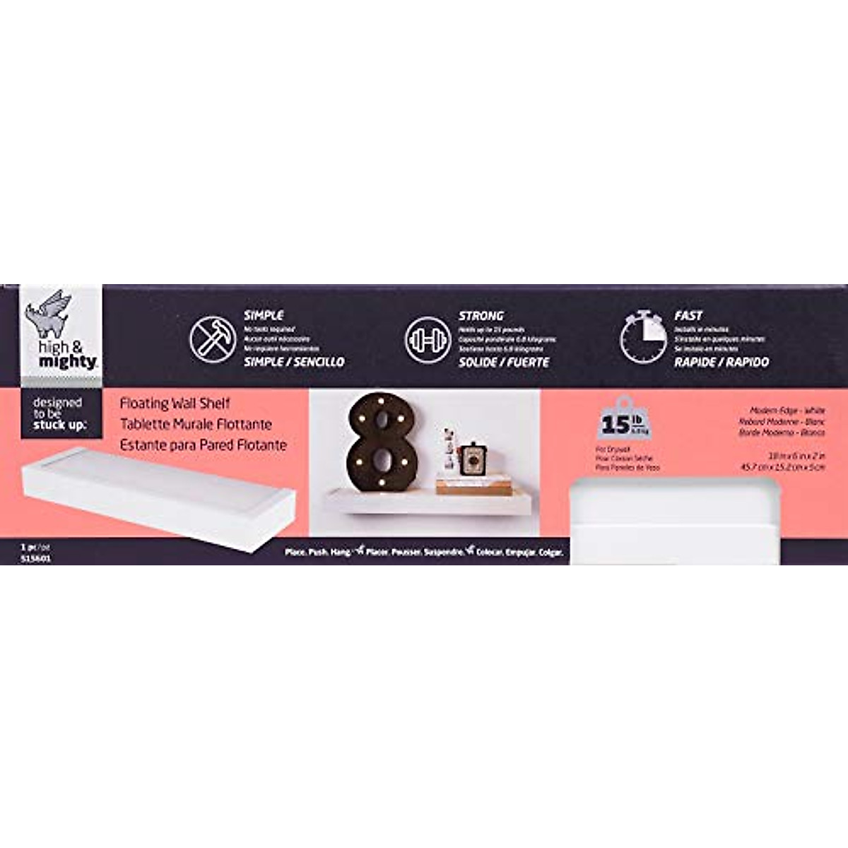 HIGH & MIGHTY 515601 Modern 18" Floating Shelf Holds up to 15lbs, Easy Tool-Free Dry Wall Installation, Flat, Retail Packaging, White
