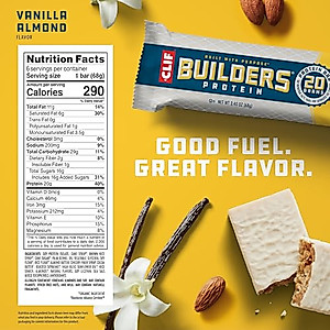 CLIF Builders - Vanilla Almond Flavor - Protein Bars - Gluten-Free - Non-GMO - Low Glycemic - 20g Protein - 2.4 oz. (6 Pack)