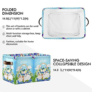 Foldable Storage Basket, Cube Organizer Bins Easter Egg Basket with Bunnies and Spring Flower Cube Bag Dual Handles for Closet Shelf