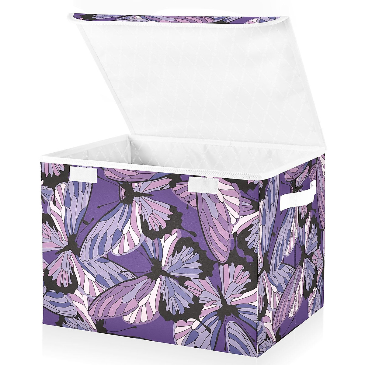 FOLIOSA Storage Boxes Butterflies Purple collapsible Flip-top locker Fabric Storage Bins with Handle for Home Bedroom Closet Office 16.5×12.6×11.8 in