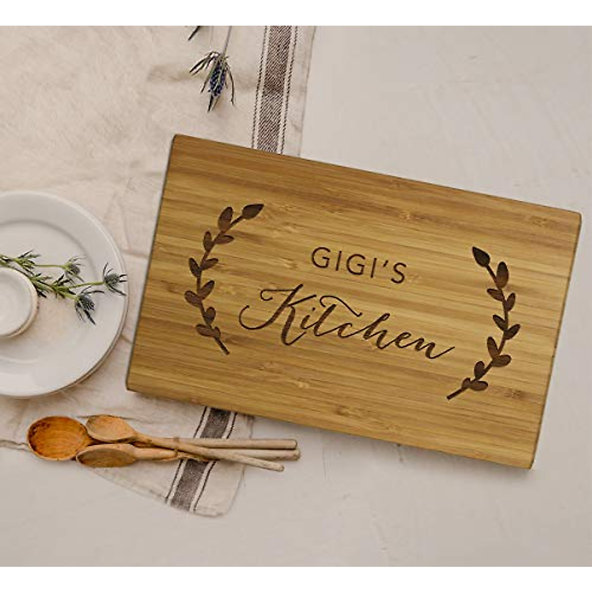 Andaz Press Large Bamboo Wood Cutting Board Gift for Mother's Day, 17.75 x 11-inch, Rustic Laurels, Gigi's Kitchen, 1-Pack, Laser Engraved Serving Chopping Board Christmas Birthday Chef Kitchen Ideas