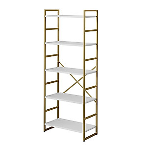 Vongrasig 5 Tier Bookshelf, Modern Tall Bookcase, Industrial Book Shelves Display Standing Shelf, Free Standing Storage Organizer for Bedroom, Living Room, White+Gold