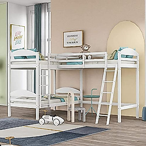 STP-Y Twin Over Twin Bunk Bed with 2 Ladders, Twin L-Shaped Bunk Bed and Loft Bed with Full-Length Guardrail, 3 Solid Wooded Bed Frames for Kids (White)