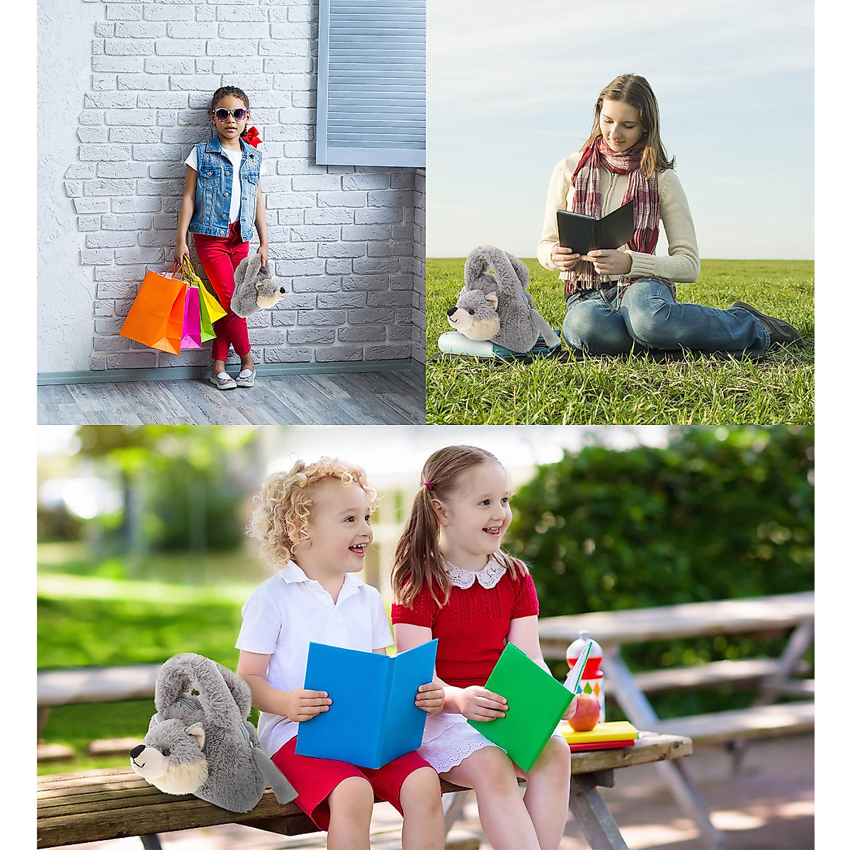 DolliBu Gray Wolf Plush Handbag - Super Soft Plush Stuffed Animal Purse for Children's Accessories, Kids Hand Bag Toy Purse, Pretend Play, Fluffy Dress Up Toy Purses for Girls & Boys