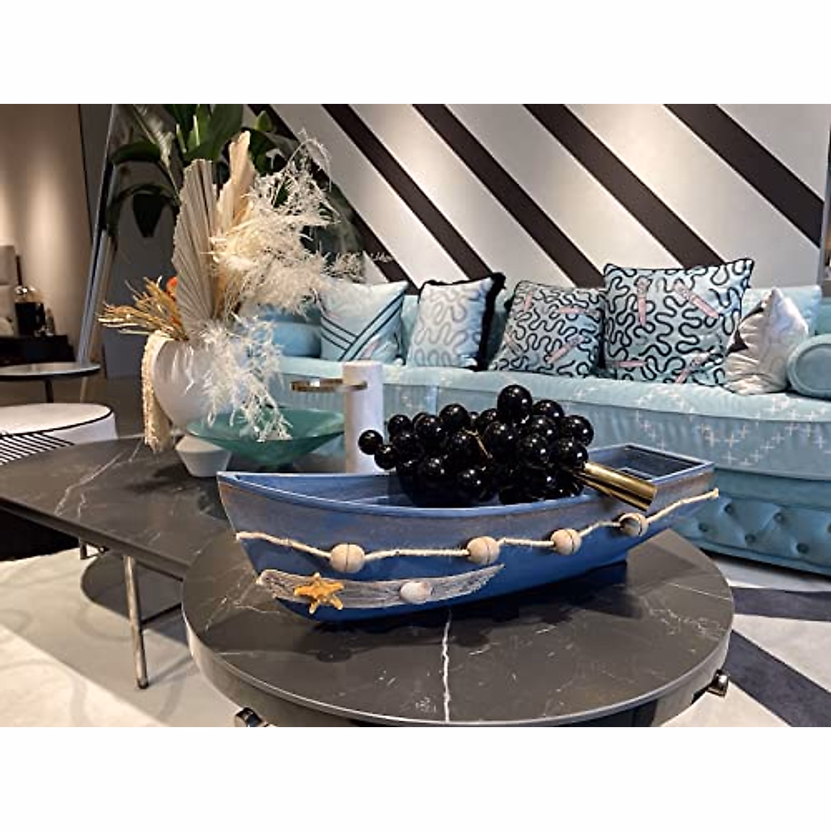 Konjouror Wooden Boat Tray Display, 2 Pack Blue Boat Model Decoration, Nautical Beach Ocean Decor