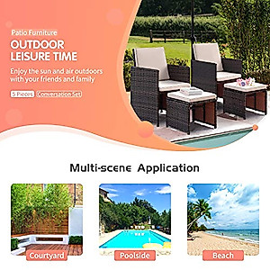 Homall 5 Pieces Patio Conversation Sofa Set Outdoor Wicker Sectional Furniture Sets with Patio Umbrella, Rattan Chair with Ottoman, Storage Table for Backyard, Garden, Porch (Beige)