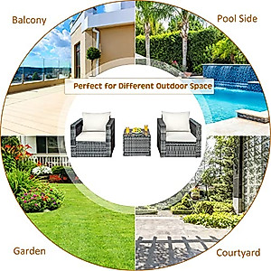 LUKEO 3 PC Patio Rattan Furniture Bistro Set Cushioned Sofa Chair Table White Single Sofa