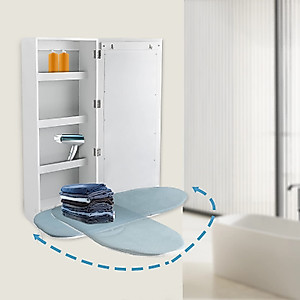 Wall Mount Ironing Board Cabinet, Built-in Swivel Ironing Board Foldable with Storage, Wall Hanging with Mirror, White