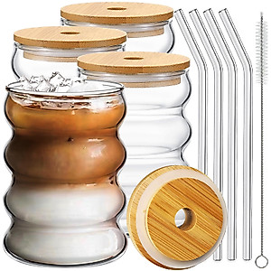 Ework4U 4 Pcs Drinking Glasses with Bamboo Lids and Glass Straw 14oz Glassware Set,Cocktail Glasses,Iced Coffee Glasses,Beer Glasses,Ideal for Water,Soda,Tea,Gift - with Cleaning Brushe