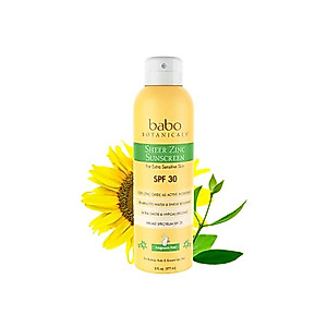 Babo Botanicals Sheer Zinc Continuous Spray Sunscreen SPF 30 with 100% Mineral Active, Water-Resistant, Fragrance-Free, Vegan, for Babies, Kids or Sensitive Skin - 6 Oz. - 1-Pack