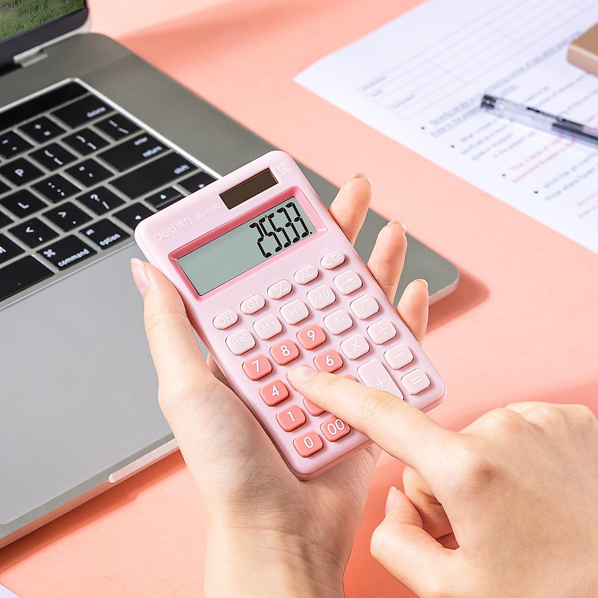 deli Standard Function Basic Calculator, 12 Digit Desktop Calculator with Large LCD Display, Solar Battery Dual Power Office Calculator, Pink