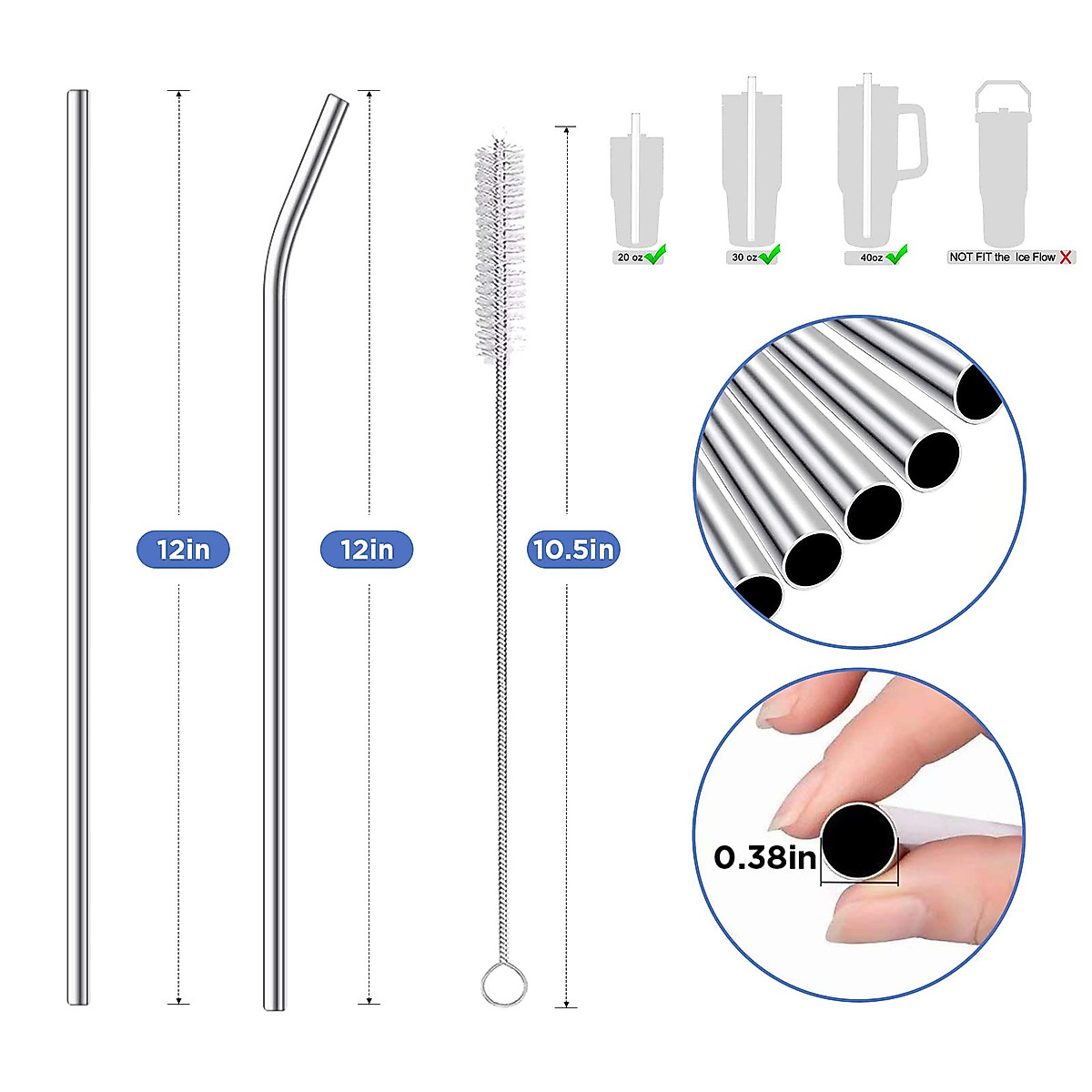 6 Pack Stainless Steel Metal Straws Replacement for Stanley Cup 40 oz Stanley Tumbler Accessories Straws, 0.38'' Wide 12'' Long Reusable Straws with 1 Cleaning Brush, 3 Straight 3 Bent Metal Straws