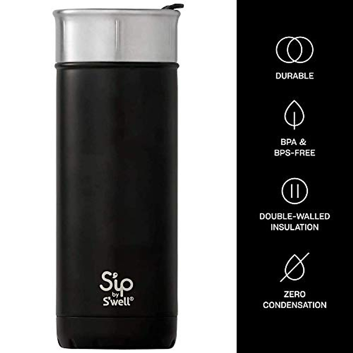 Sip by Swell Stainless Steel Travel Mug ,16 Fl Oz , Coffee Black ,Double Layered Vacuum-Insulated Travel Mug Keeps Coffee Tea And Drinks Cold for 16 Hours and Hot for 4