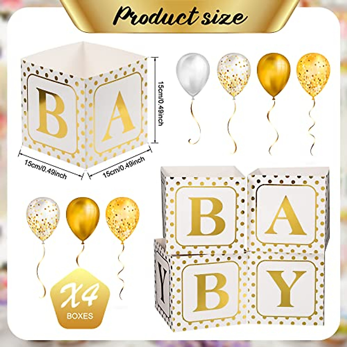 4 PCS Gold Flower Baby Shower Boxes Decor Table Floral Centerpieces Boxes for Gender Reveal Decoration Bronzing Flower Block Holder with Baby Letters Girls Boys Birthday Party Arrangement Favor