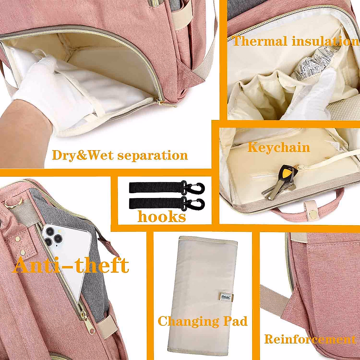 Dokoclub Diaper Bag Backpack, Multifunction Baby Bags, Large Capacity Nappy Changing Bags, Waterproof Travel Backpack,Stylish Durable, Hooks and Changepad, Pink Grey