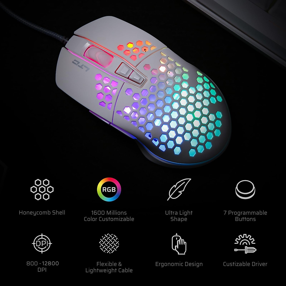 LTC Circle Pit HM-001 RGB Gaming Mouse with 2 Side Buttons, Lightweight Honeycomb Shell, Adjusted 12800DPI, 7 Programmable Buttons, Software Support, White