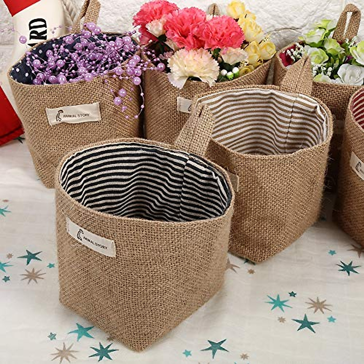 2Pcs Cotton Linen Storage Baskets, Wall Door Hanging Storage Baskets, Clothes Bag Home Gadget Storage Organizer Foldable Basket Wall Bins (Blue Stripe)