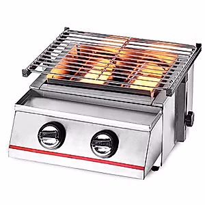 LPG Gas BBQ Grill, 2800Pa Commercial LPG Gas Stove Outdoor BBQ Tabletop Cooker, Stainless Steel Outdoor Grill Multi-Function Barbecue Camping Party Picnic Cookware Sliver(2 Burners)