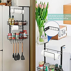 Nandae Fridge Spice Rack Organizer, Refrigerator Side Shelf Storage with Paper Towel Holder 2 Baskets & 6 Hooks Kitchen Rack for Refrigerator Washing Machine, Black