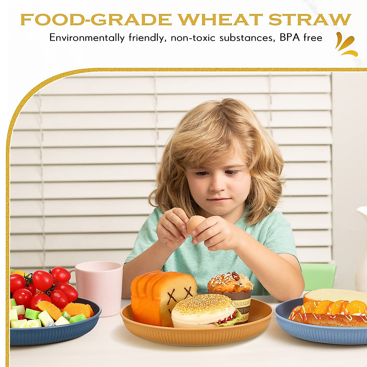 POVTOKA Reusable Wheat Straw Plates Set of 8, 9 Inch Unbreakable Dinner Plates, Dishwasher & Microwave Safe, Lightweight Plastic Tableware for Kids & Adult