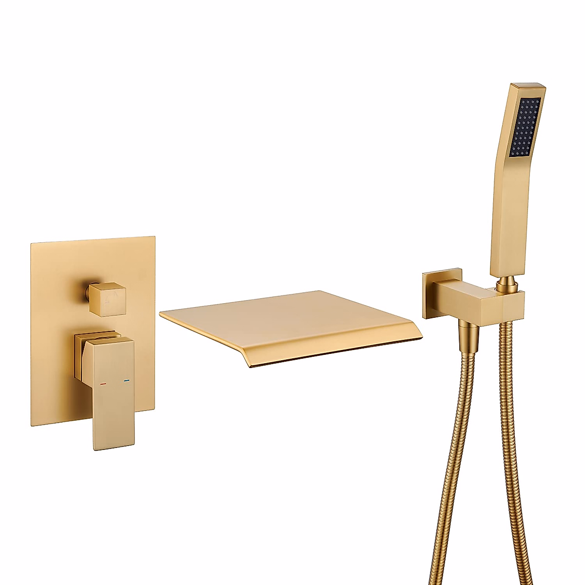 Wowkk Wall Mount Tub Filler Waterfall Tub Faucet Brushed Gold Bathtub Faucet Brass Single Handle Bathroom Faucet with Hand Shower