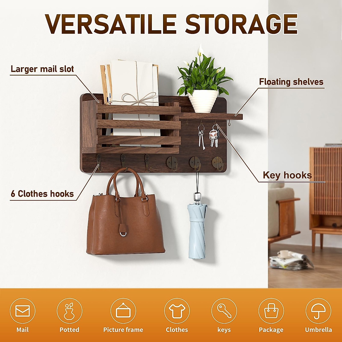 Key Holder Wall Mount, Key and Mail Holder for Wall, Wall Key Holder with Shelf and 6 Large Hooks for Bags, Coats, Umbrella, Wood Key Shelf for Entryway, 4 Small Key Hook, Wallet/Dog Leash Holder,Pine