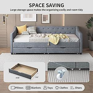 Jintop Twin Size Upholstered Daybed with 2 Drawers and Button Tufted Back,Elegant Wood Storage Sofa Bed Frame w/Waved Shape Arms,Slat Support,for Apartment,Bedroom,Light Grey