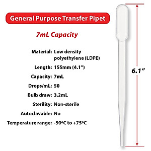 Globe Scientific 138080 LDPE General Purpose Transfer Pipet, Non-Sterile, Standard, 155mm Length, 7.0mL Capacity, Natural, 500 Count (Pack of 10)
