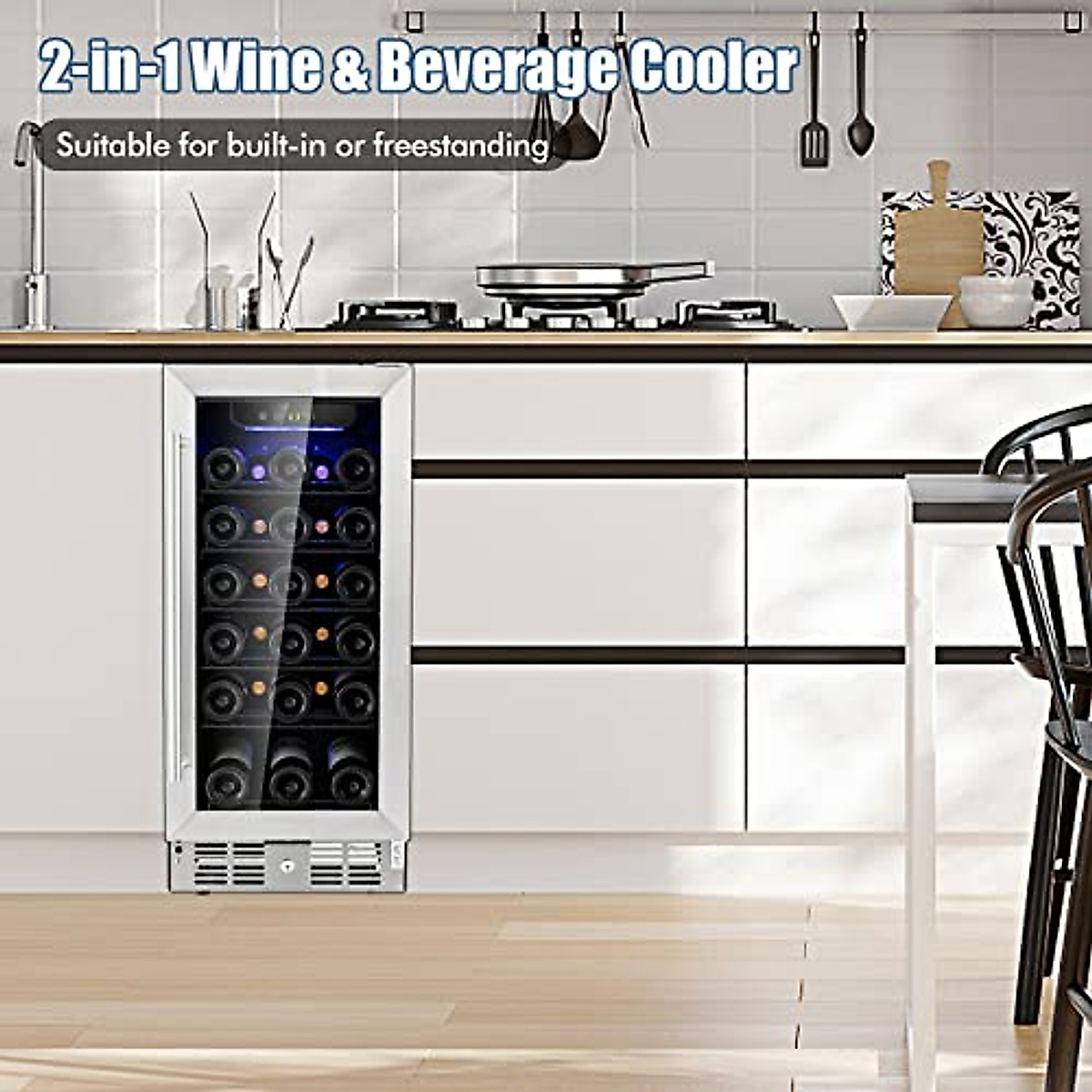 LDAILY 15” Wine & Beverage Cooler, Built-in/Freestanding Wine Refrigerator w/Temperature Memory, Dual-Layer Tempered Glass Door, Lock & Keys, Under Counter Mini Fridge for Soda, Beer, Wine, Bar