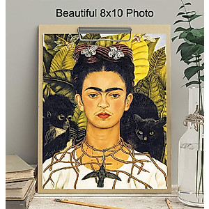 Poster - 8x10 Mexican Art Wall Decor Picture Print for Bedroom, Living Room, Home, Apartment - Gift for Women, Woman Artist - Monkey, Cat, Hummingbird Self-Portrait Painting - Unframed