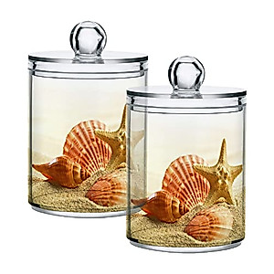 YYZZH Seashell Starfish On Beach Sand Tropical Summer 2 Pack Qtip Holder Dispenser for Cotton Swab Ball Round Pads Floss 10 Oz Apothecary Jar Set for Bathroom Canister Storage Makeup Organizer