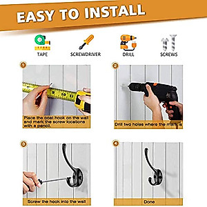 POSURI 10 Pack Heavy Duty Dual Coat Hooks Wall Mounted with 40 Screws, Utility Metal Hooks Retro Double Hooks Wall Hanging Zinc Die Cast Robe Hooks for Coat, Bag, Scarf, Towl, Cap, Cup, Key