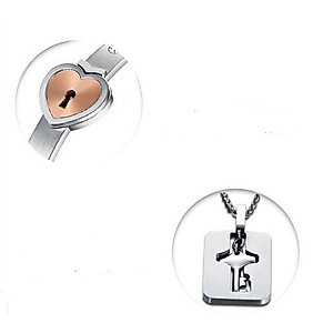 Starryinter His and Hers Korean Style Stainless Steel Hold the Key to My Heart Forever Bangle Bracelet and Pendant Necklace-BR398
